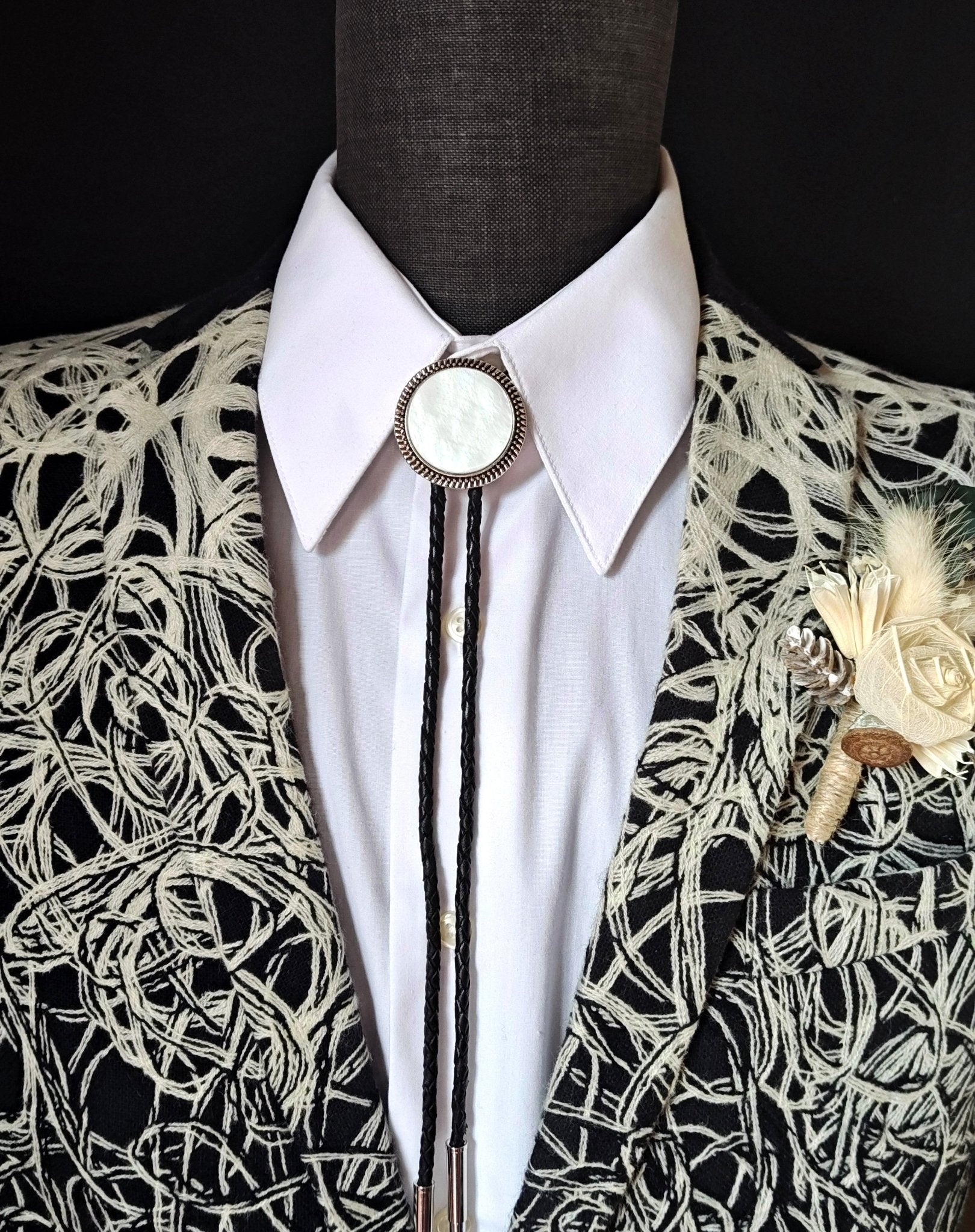 Custom Bolo Tie with White Mother Of Pearl Round Up Setting – Folks On ...