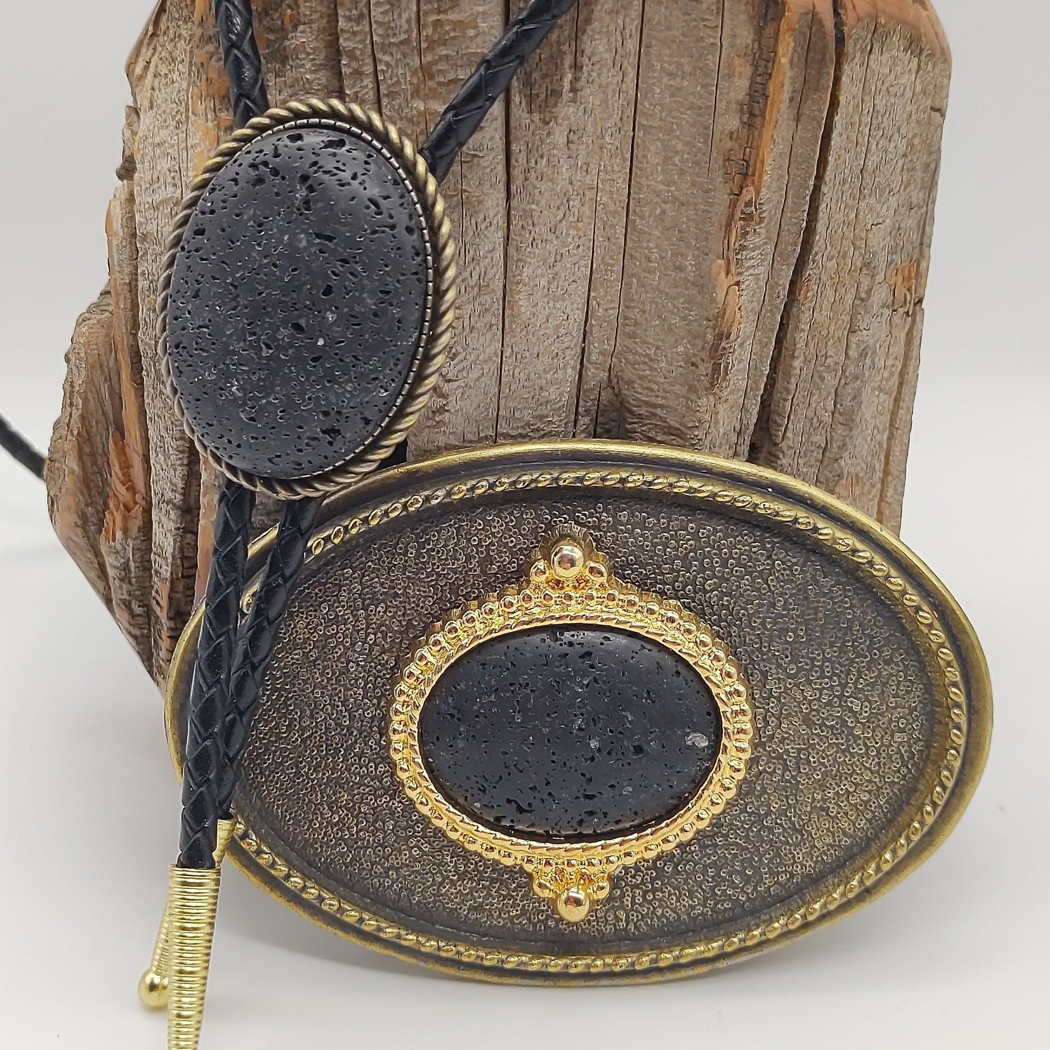 Matching Black Lave Rock Bolo Tie & Belt Buckle Gold Tone Set – Folks ...