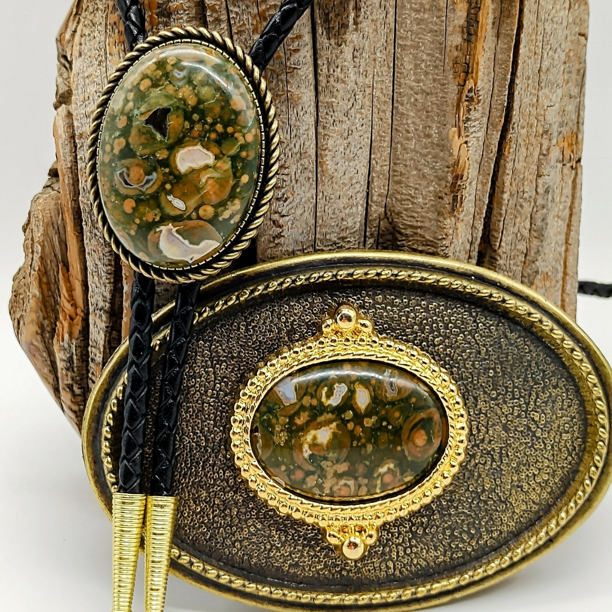 Matching Rainforest Jasper Bolo Tie & Belt Buckle Gold Tone Set – Folks ...